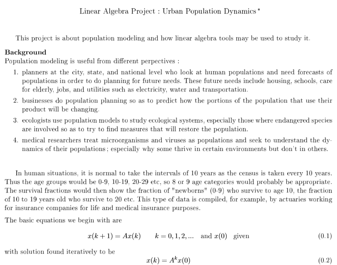 Solved Linear Algebra Project : Urban Population Dynamics * | Chegg.com