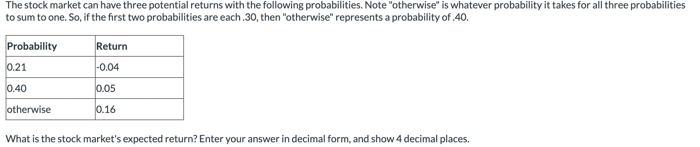 Solved The stock market can have three potential returns | Chegg.com