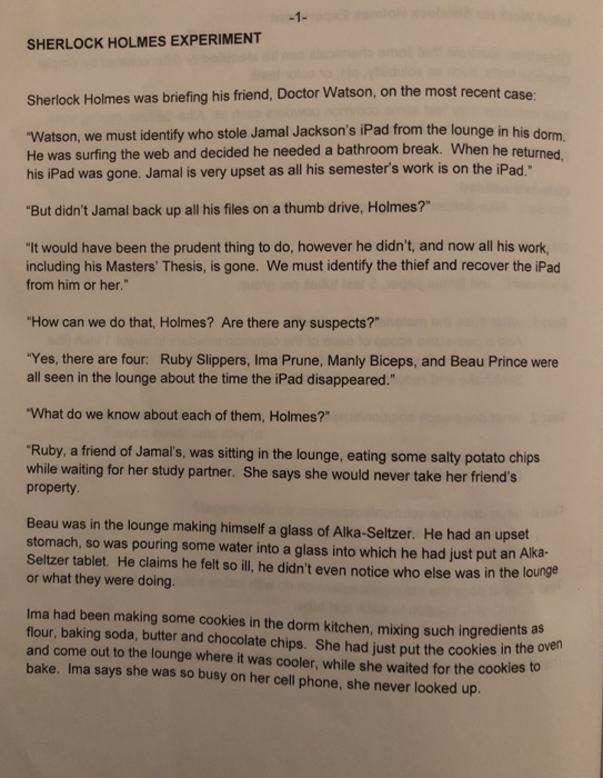 Initial Work for Sherlock Holmes Experiment | Chegg.com