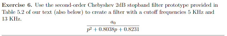 Exercise 6. Use the second-order Chebyshev 2dB | Chegg.com