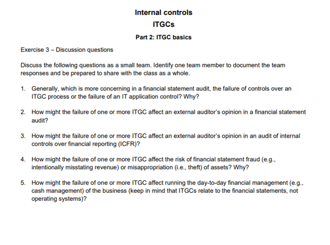 Internal controls ITGCs Part 2: ITGC basics Exercise | Chegg.com