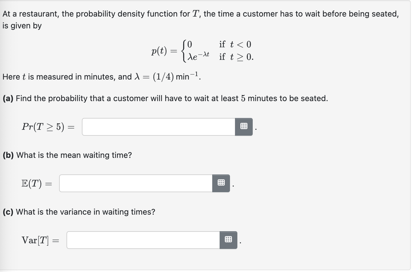 Solved At a restaurant, the probability density function for | Chegg.com