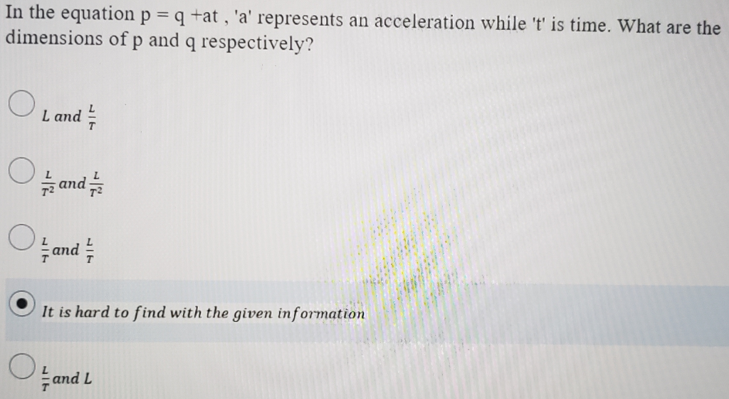 Solved In the equation p = q +at, 'a' represents an | Chegg.com