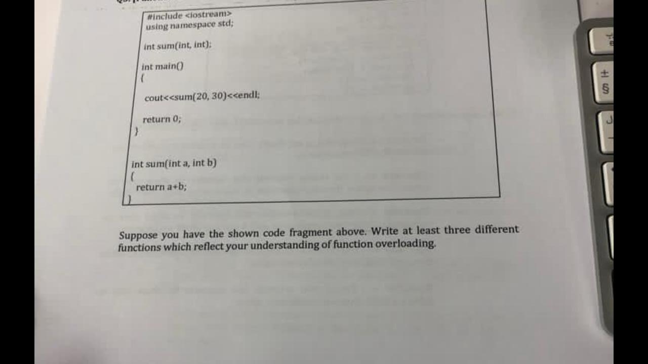 Solved #include using namespace std; int sum(int, int) int | Chegg.com