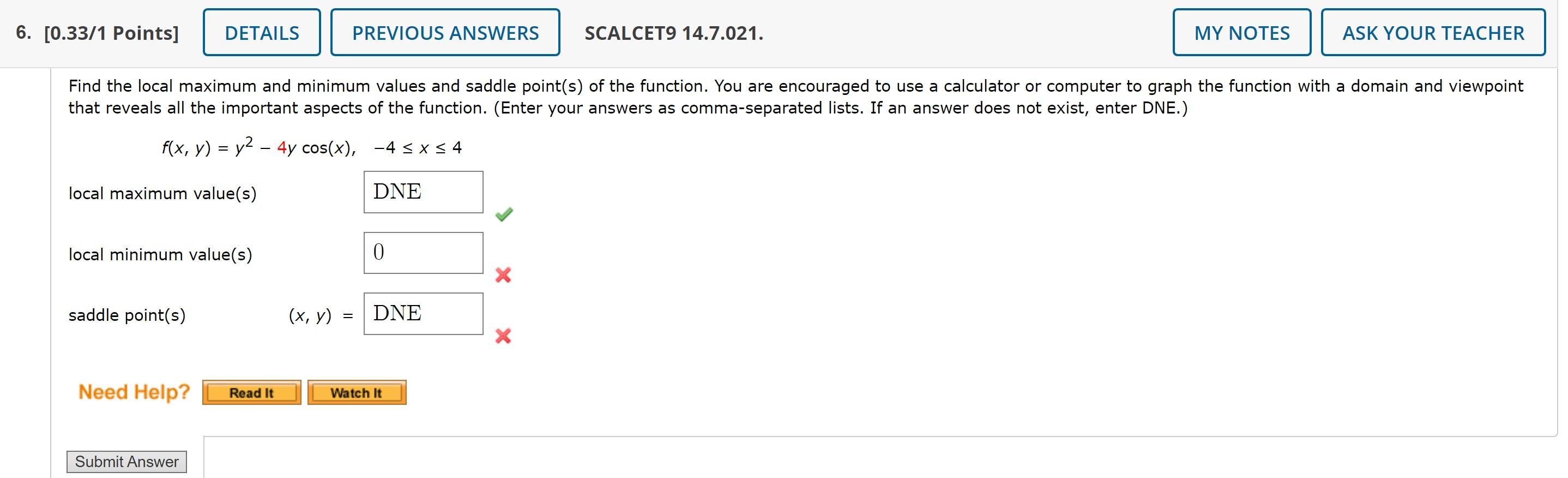 Solved [0.33/1 Points] SCALCET9 14.7.021. Find the local | Chegg.com