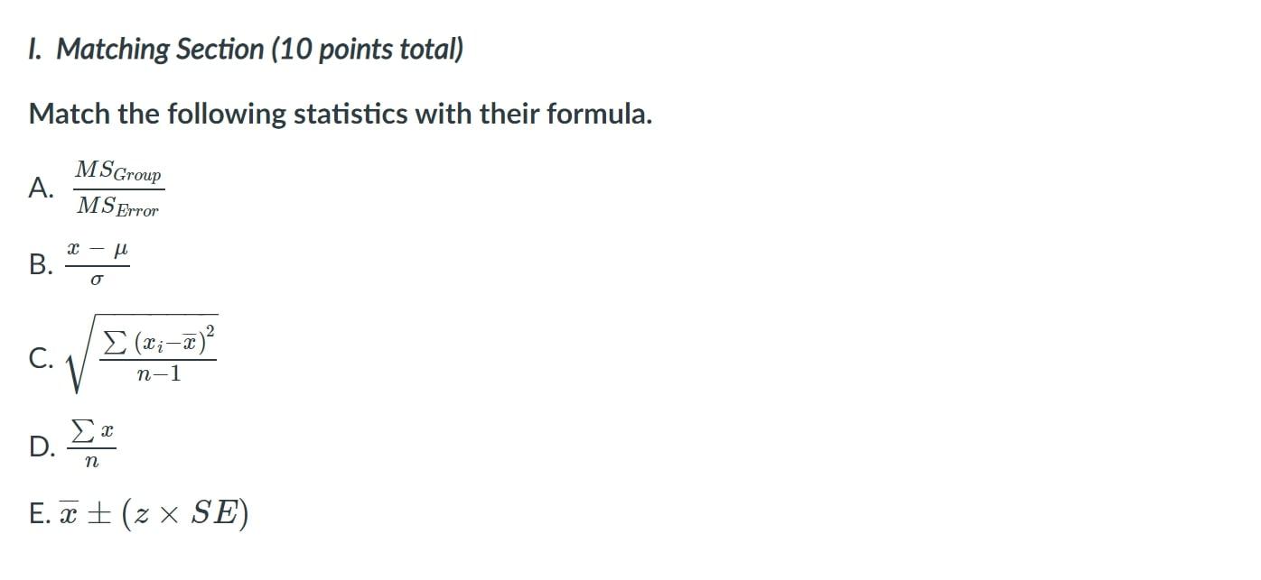 Solved 1. Matching Section (10 points total) Match the | Chegg.com
