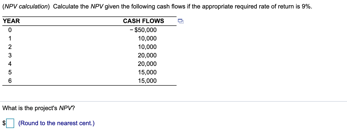 Solved (NPV calculation) Calculate the NPV given the | Chegg.com