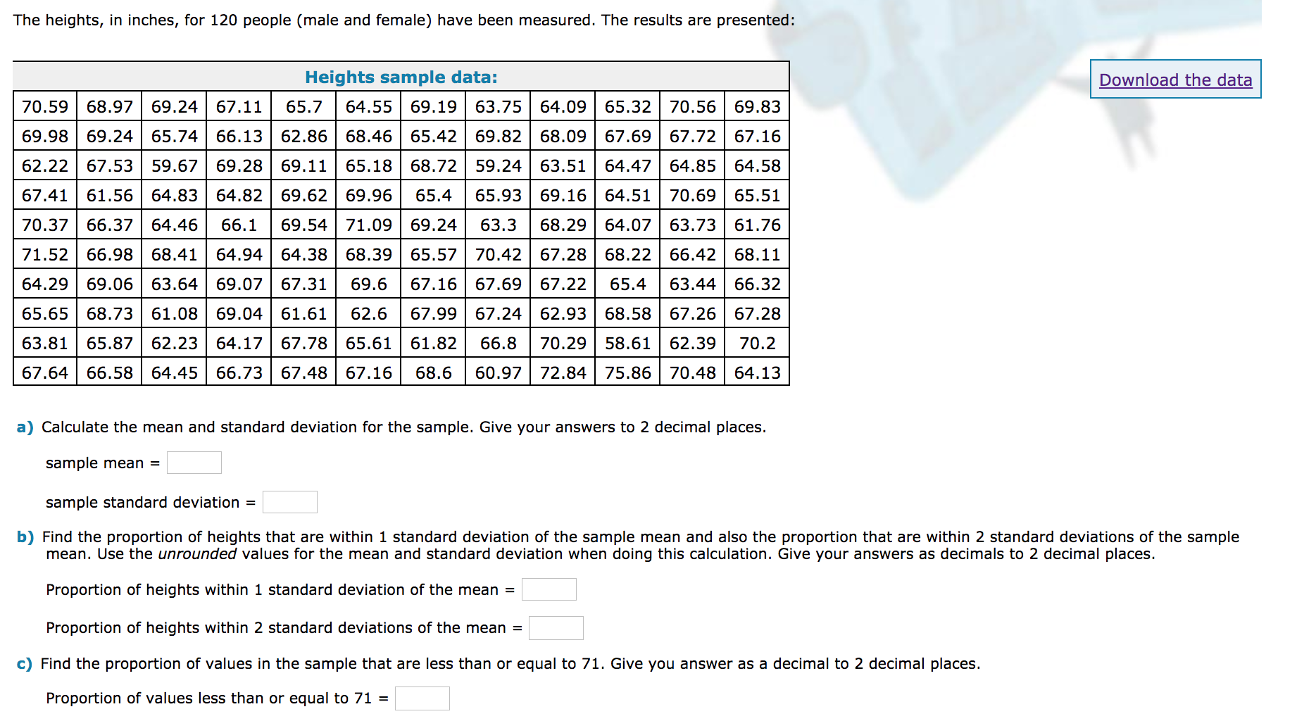 Solved The heights, in inches, for 120 people (male and | Chegg.com