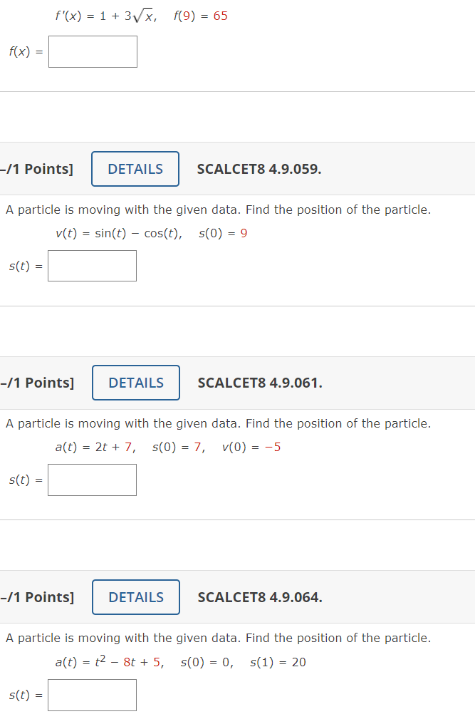 Solved f′(x)=1+3x,f(9)=65f(x)= SCALCET8 4.9.059. A particle | Chegg.com