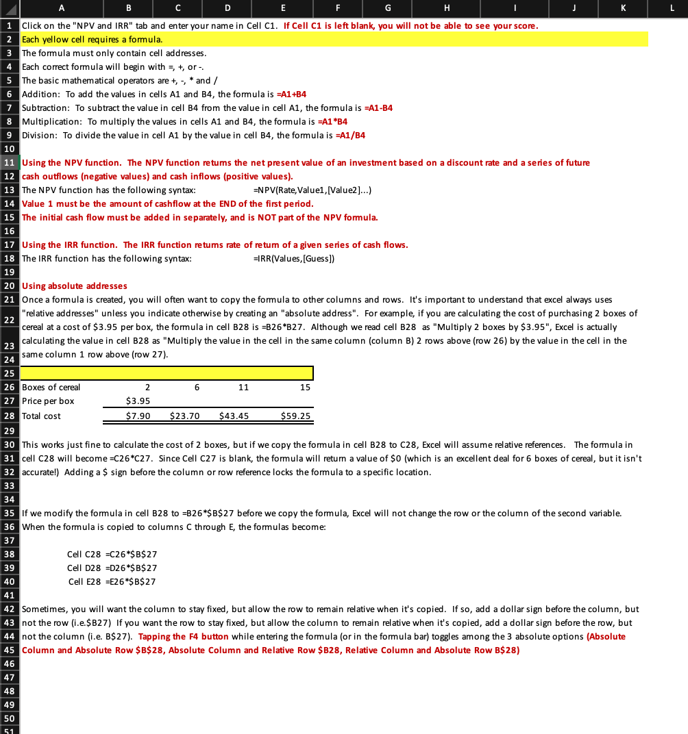 Solved Click on the "NPV and IRR" tab and enter your name in | Chegg.com
