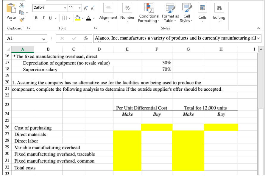 Solved Prepare a make-or-buy analysis - Excel ? X - Sign In | Chegg.com