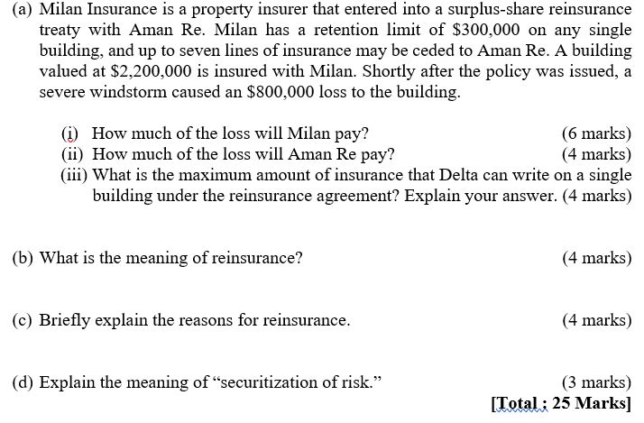 Solved (a) Milan Insurance is a property insurer that | Chegg.com