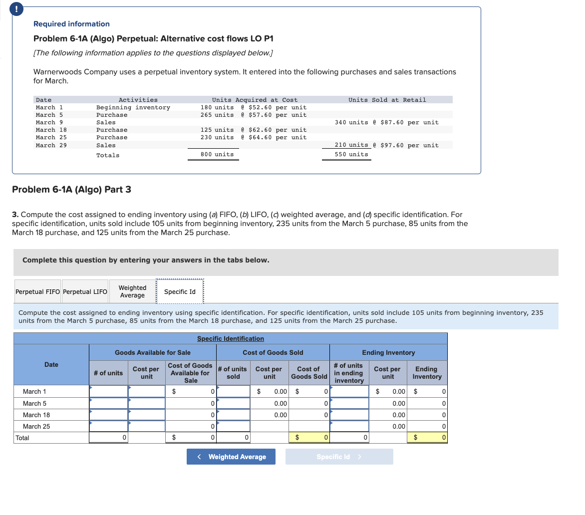 Solved Required information Problem 6-1A (Algo) Perpetual: | Chegg.com