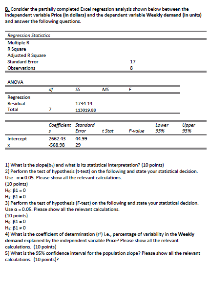 Solved B. Consider the partially completed Excel regression | Chegg.com