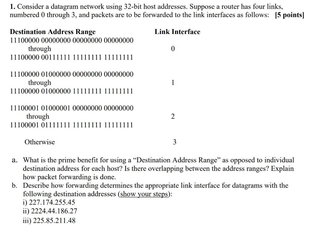Solved 1. Consider a datagram network using 32-bit host | Chegg.com