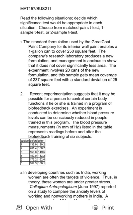 Solved MAT157/BUS211 Read the following situations; decide | Chegg.com