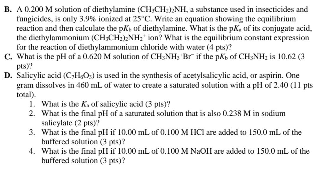 Solved B. A 0.200 M solution of diethylamine (CH3CH2)2NH, a | Chegg.com