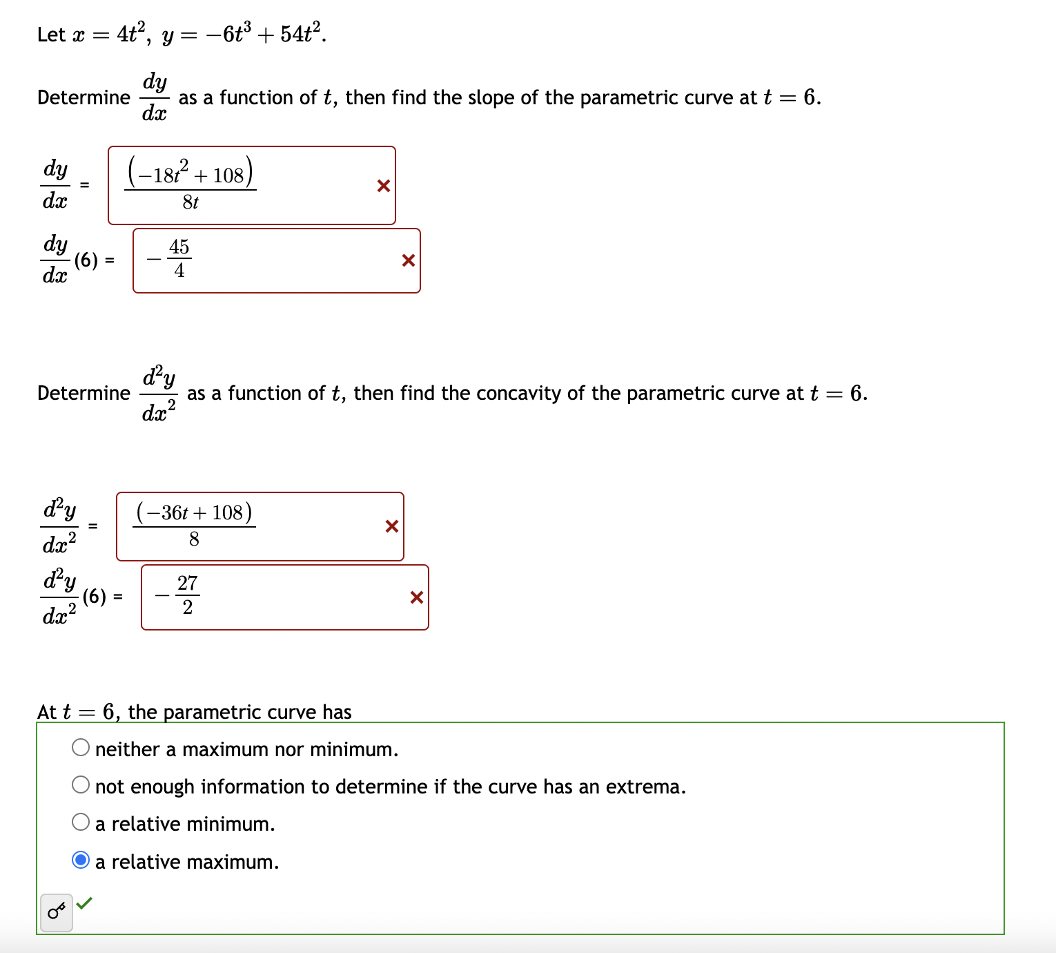 Solved Let x=4t2,y=−6t3+54t2. Determine dxdy as a function | Chegg.com