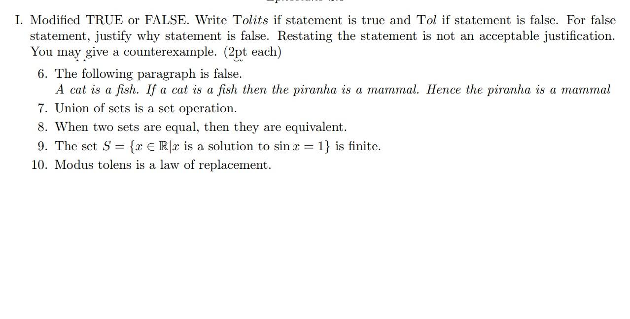 Solved I. Modified TRUE or FALSE. Write Tolits if statement | Chegg.com