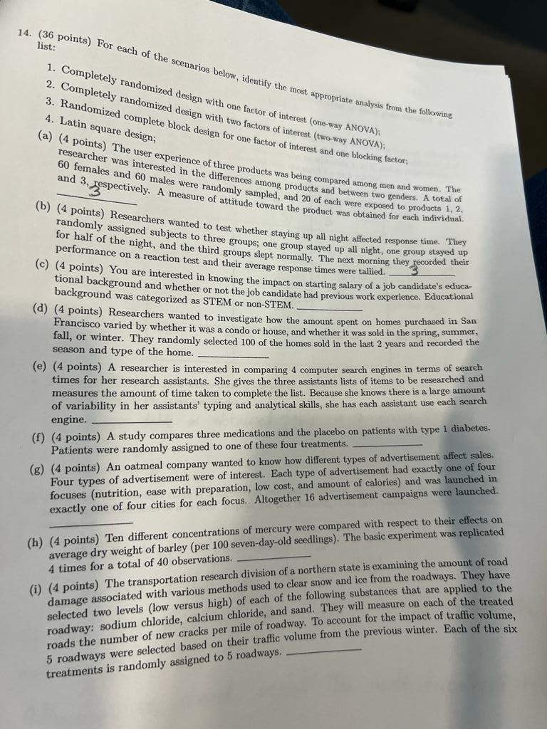 Solved narios below, identify the most appropriate analysis | Chegg.com