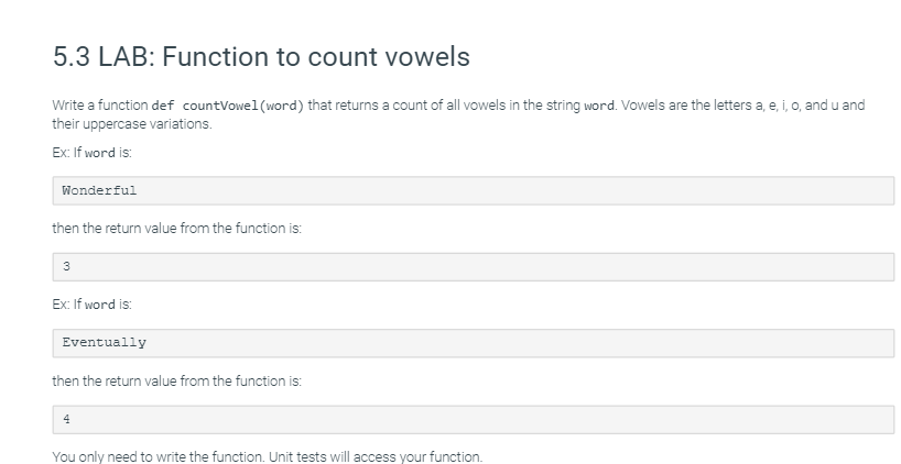 Solved Write a function def countVowel (word) that returns a | Chegg.com