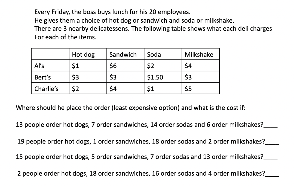Solved Every Friday, the boss buys lunch for his 20 | Chegg.com