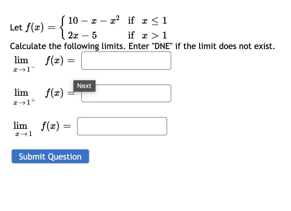 Solved Let f(x)={10−x−x2 if x≤12x−5 if x>1f(x)={10-x-x2 if | Chegg.com