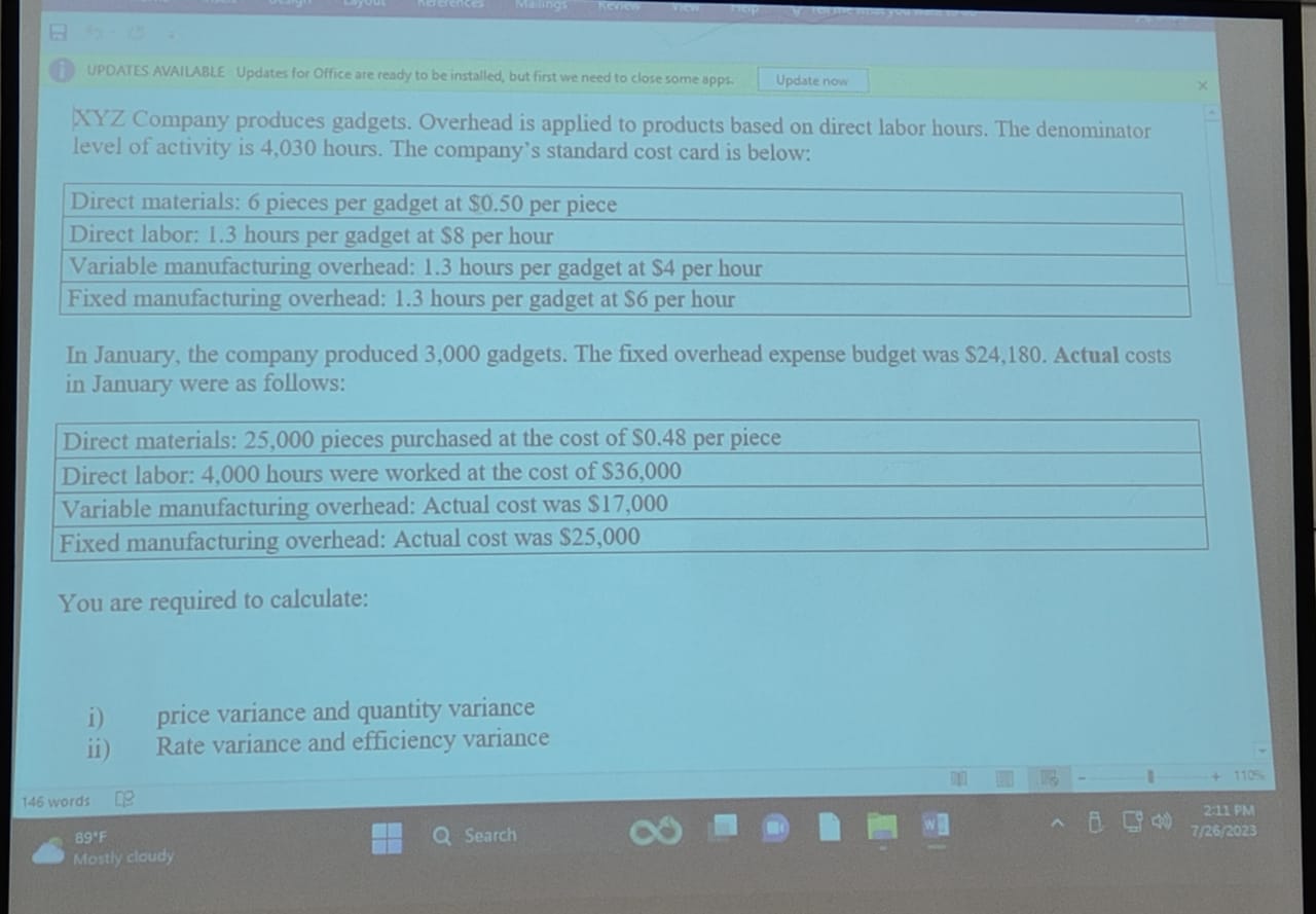 Solved XYZ Company produces gadgets. Overhead is applied to | Chegg.com