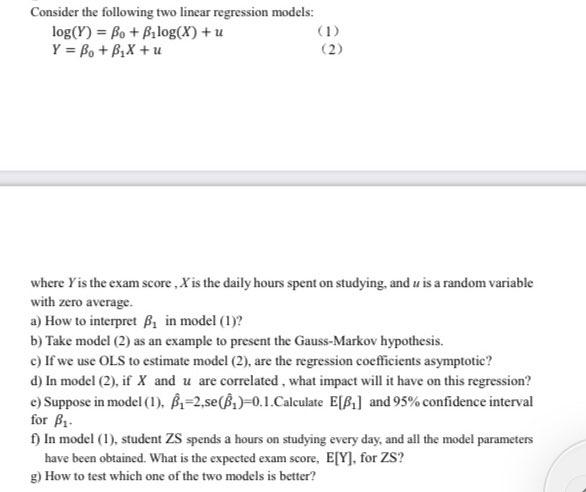 Solved Consider the following two linear regression models: | Chegg.com