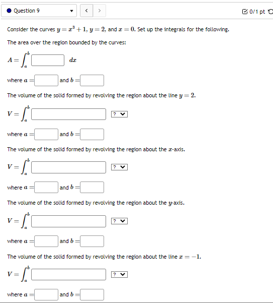 Solved [0/1pt Consider the curves y=x3+1,y=2, and x=0. Set | Chegg.com