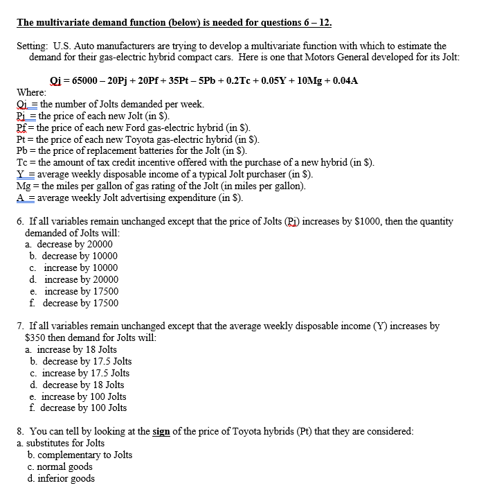 Solved The multivariate demand function (below) is needed | Chegg.com