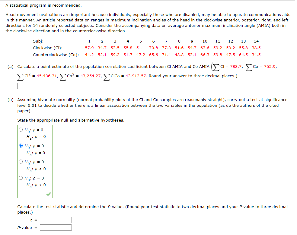 Solved A statistical program is recommended. Head movement | Chegg.com