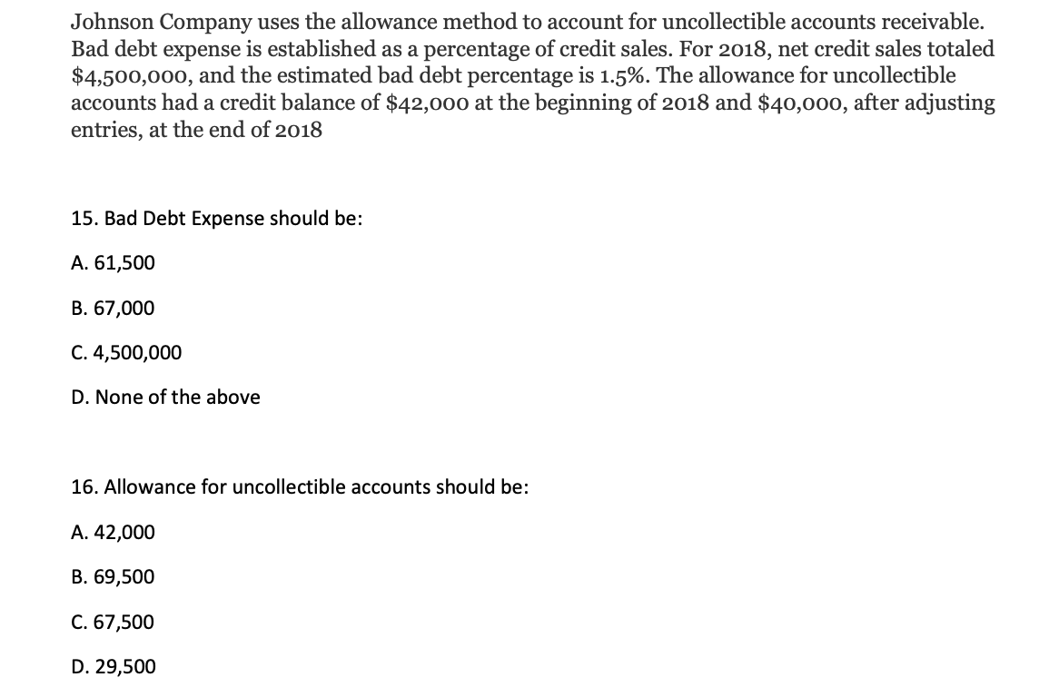 Solved Johnson Company uses the allowance method to account | Chegg.com