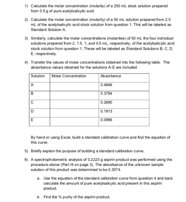 Solved 1) Calculate the molar concentration (molarity) of a | Chegg.com