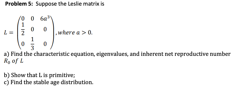 Solved Problem 5: Suppose the Leslie matrix is 100 6a) 5 0 0 | Chegg.com