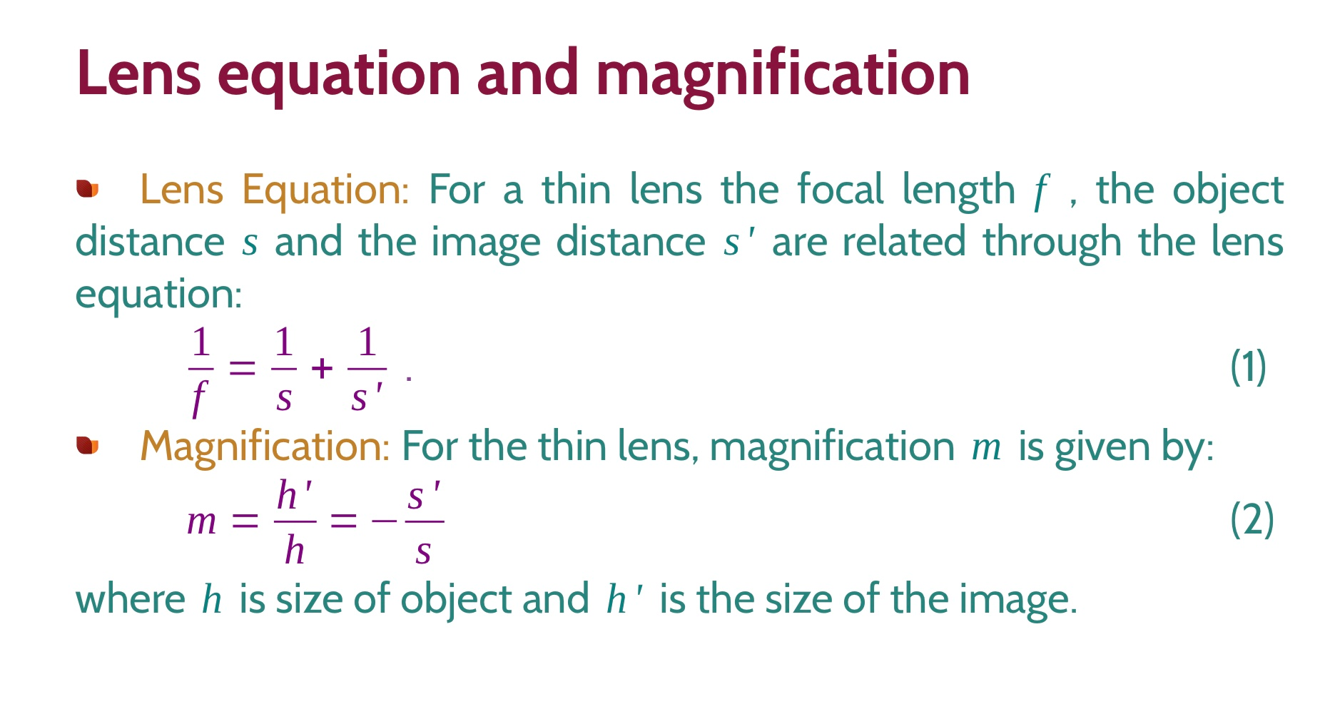 Lens Equation And Magnification Lens Equation For Chegg