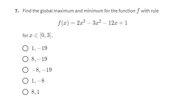 Solved 7. Find the global maximum and minimum for the | Chegg.com