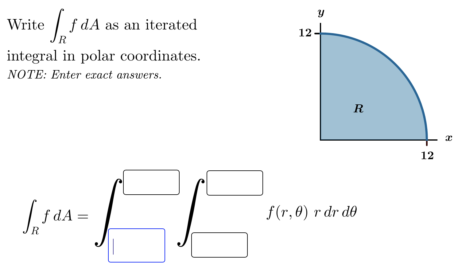 Solved Write ∫RfdA as an iterated integral in polar | Chegg.com