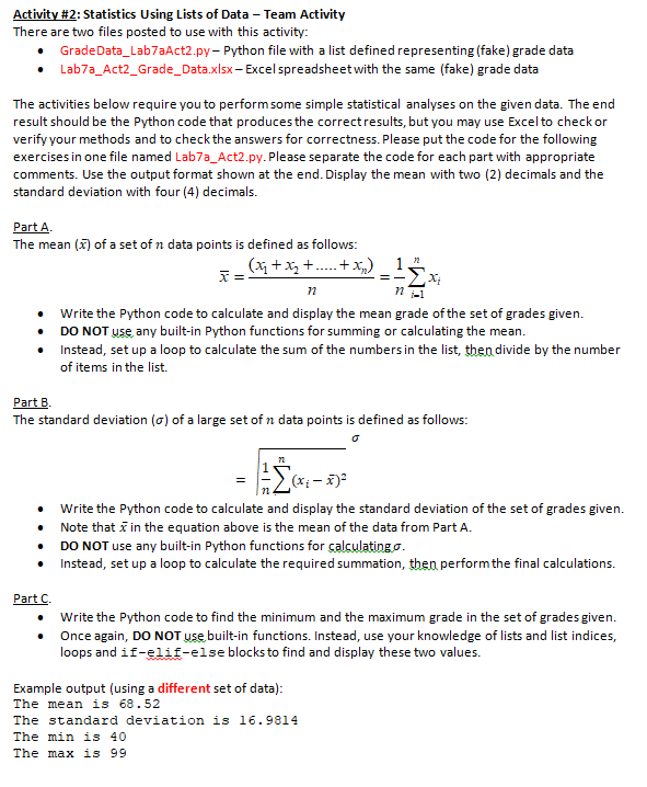 Solved Activity #2: Statistics Using Lists of Data - Team | Chegg.com
