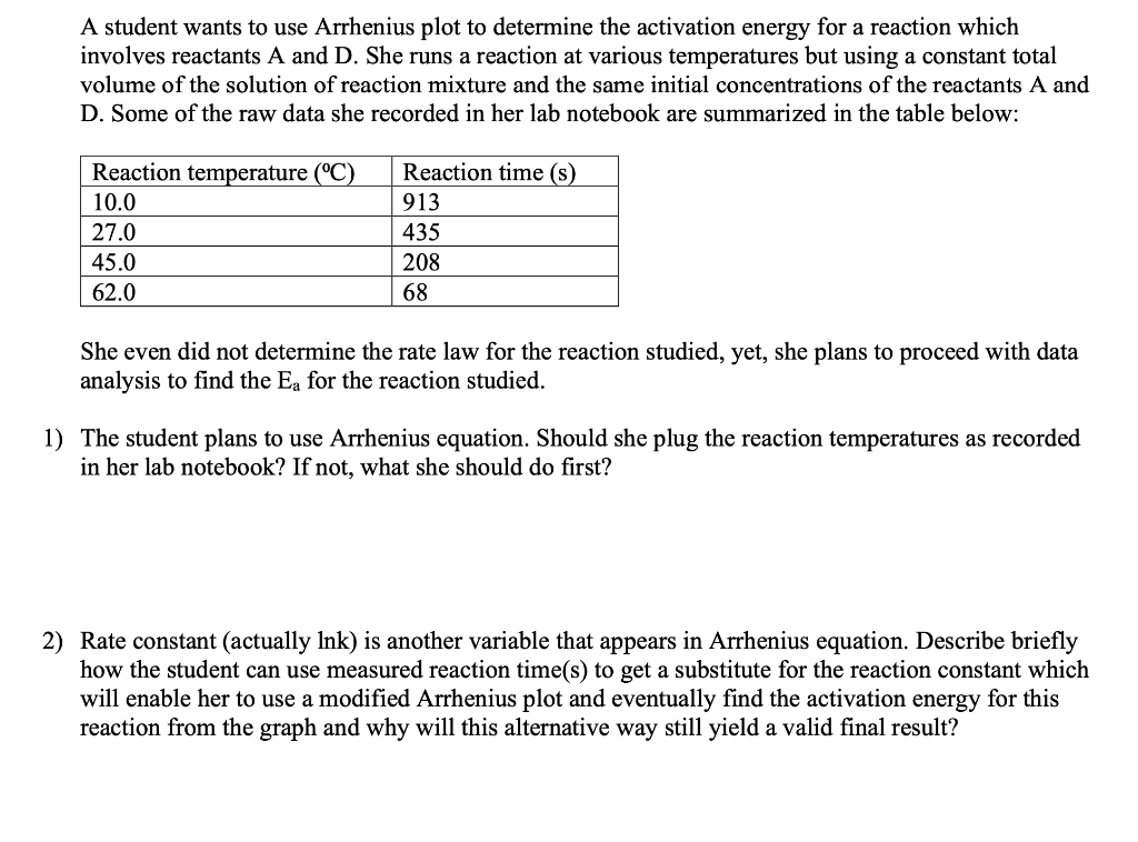 A student wants to use Arrhenius plot to determine | Chegg.com