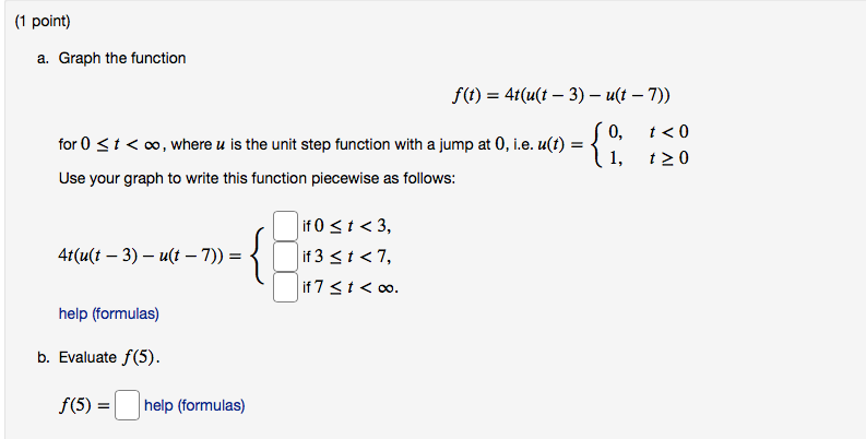 Solved (1 point) a. Graph the function f(t) = 4t(u(t – 3) – | Chegg.com