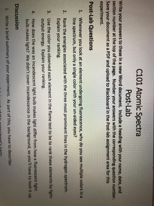 C101 Atomic Spectra Post-Lab Write your answers to | Chegg.com