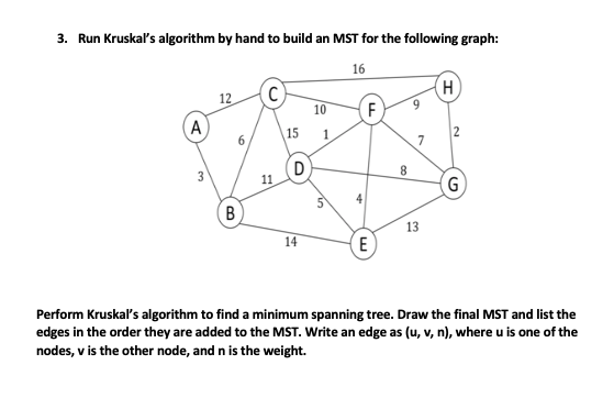 Solved 3. Run Kruskal's algorithm by hand to build an MST | Chegg.com