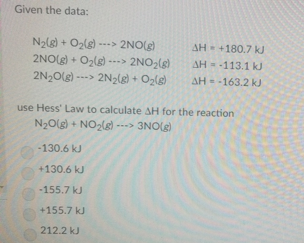Solved Given the data N2(g) + O2(g)--> 2N0(g) : 2N0(g) + | Chegg.com