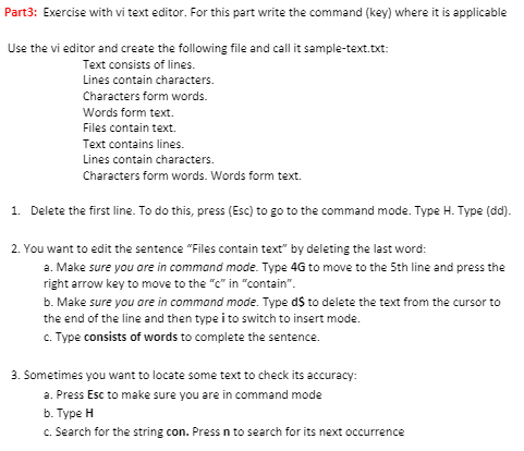 Solved Part3: Exercise with vi text editor. For this part | Chegg.com