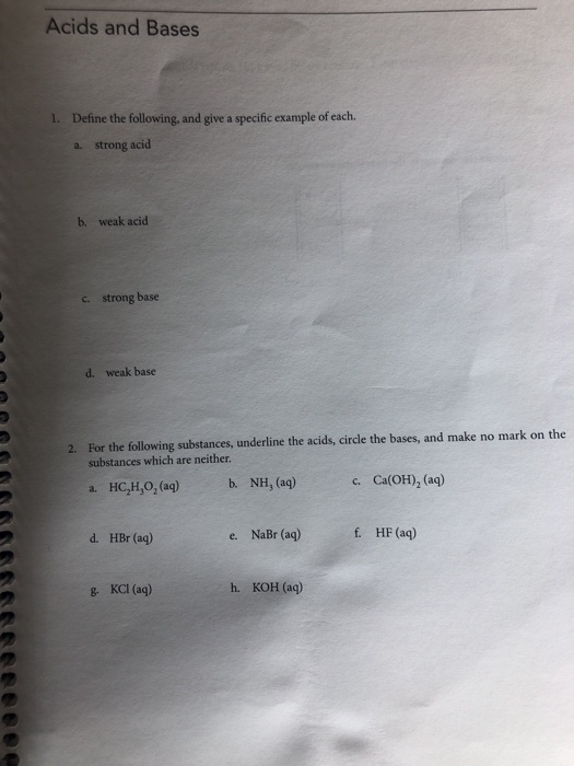 Solved Acids and Bases Define the following, and give a | Chegg.com