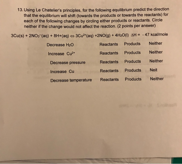 Solved 13. Using Le Chatelier's principles, for the | Chegg.com