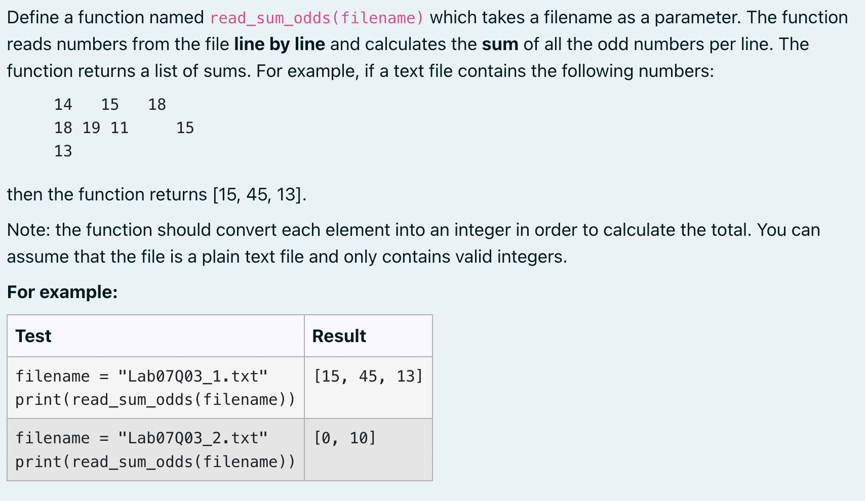 Solved Define a function named read_sum_odds ( fi lename) | Chegg.com