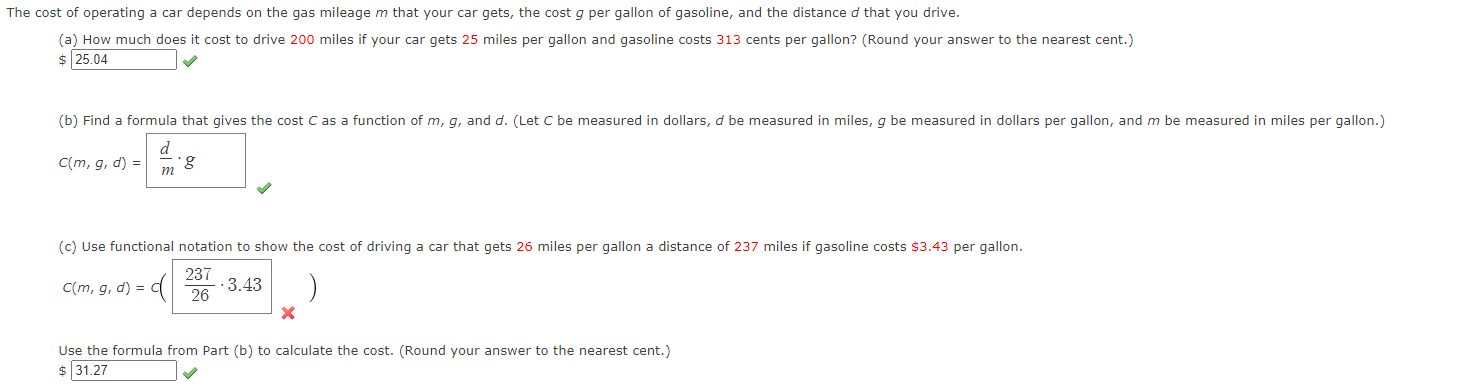 Solved The cost of operating a car depends on the gas | Chegg.com