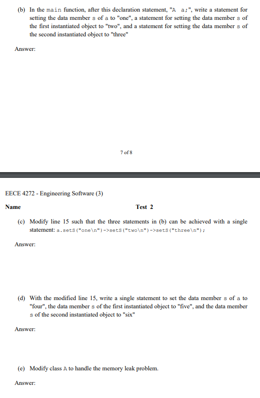 Solved 5. (3 points each) Refer the C++ class below and | Chegg.com